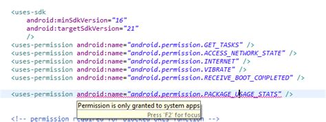 error in manifest xml when adding package usage stats [android lollipop