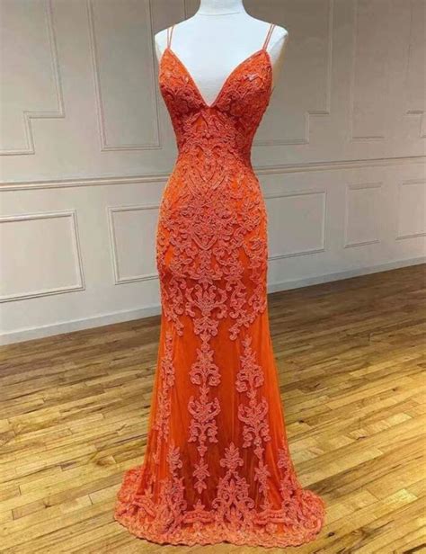 Sheath Orange Long Prom Dresses With Appliqué On Luulla
