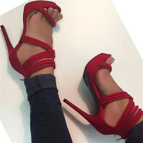 Women Open Toe Red Suede Leather Cross Straps Combined High Platform