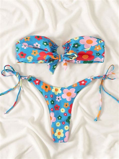 Emmiol Free Shipping 2024 Summer Flower Strapless Bikini Set Blue S In