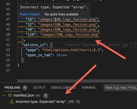 json cancelling vscode warnning `incorrect type expected array