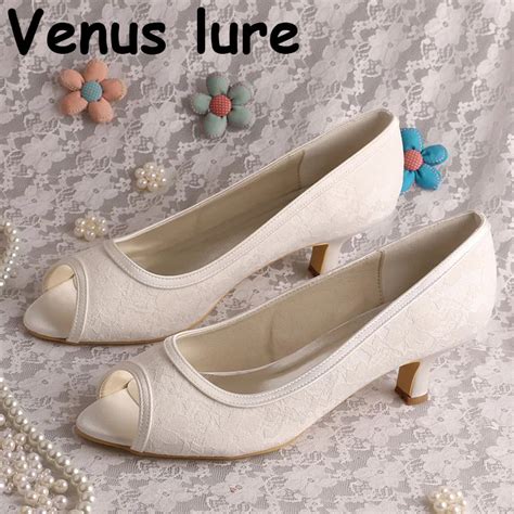 Customized Lace Peep Toe Ivory Bride Wedding Shoes Low Heeled Ladies