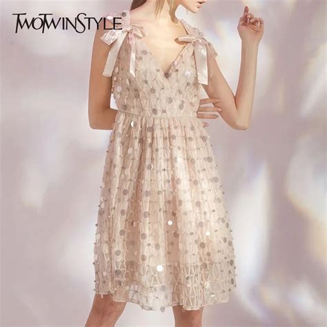 Twotwinstyle Sequins Beading Patchwork Dress Female V Neck Sleeveless