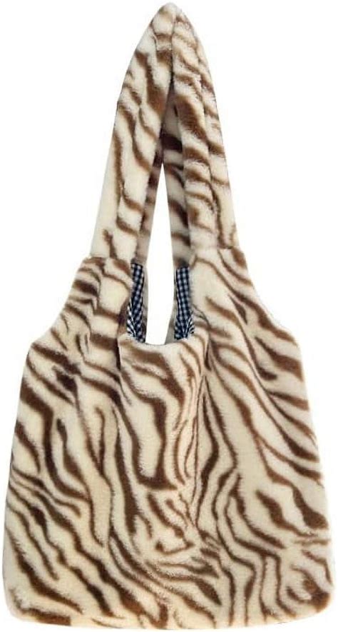 Kukuzhu Y2k Furry Purse Women Cow Pattern Fuzzy Tote Bag Fairycore