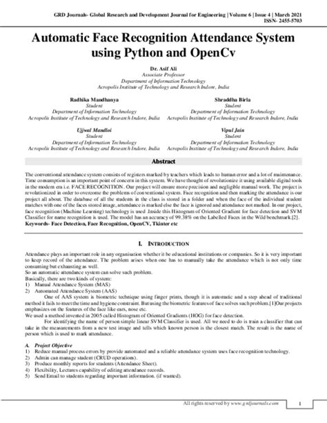 Pdf Automatic Face Recognition Attendance System Using Python And