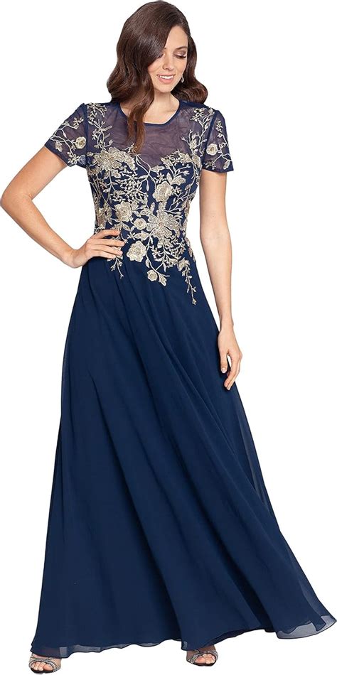 Betsy And Adam Long Embroidered Short Sleeve Chiffon Gown