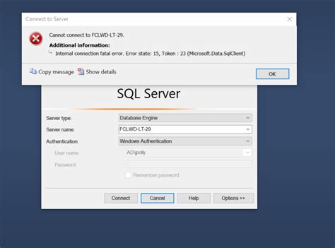 sql server cannot connect internal connection fatal error error