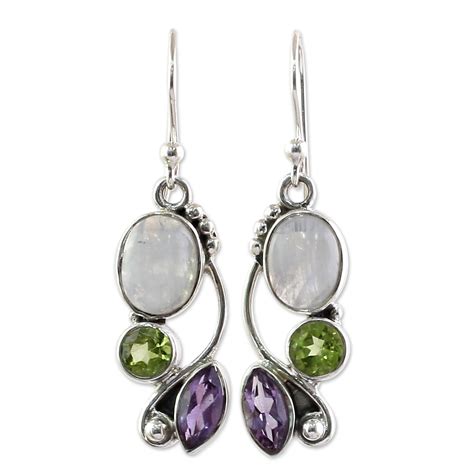 Multi Gemstone Dangle Earrings Peridot Amethyst From India Natural