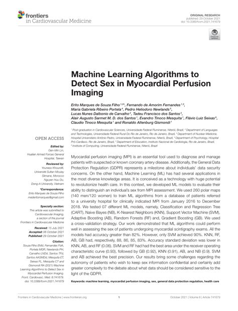 Pdf Machine Learning Algorithms To Detect Sex In Myocardial Perfusion