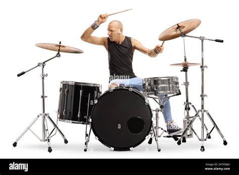 Bald Man Musician Playing Drums Isolated On White Background Stock
