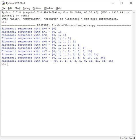 screenshot of running python code for show fibonacci sequence taken on