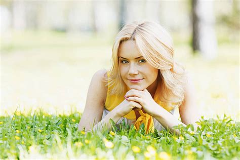 Woman Lying On The Grass Smile Daisy Lady Photo Background And Picture