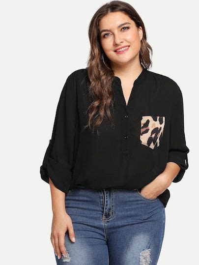 Shein Plus Pocket Patched Roll Tab Sleeve Top Plus Size Blouses Plus