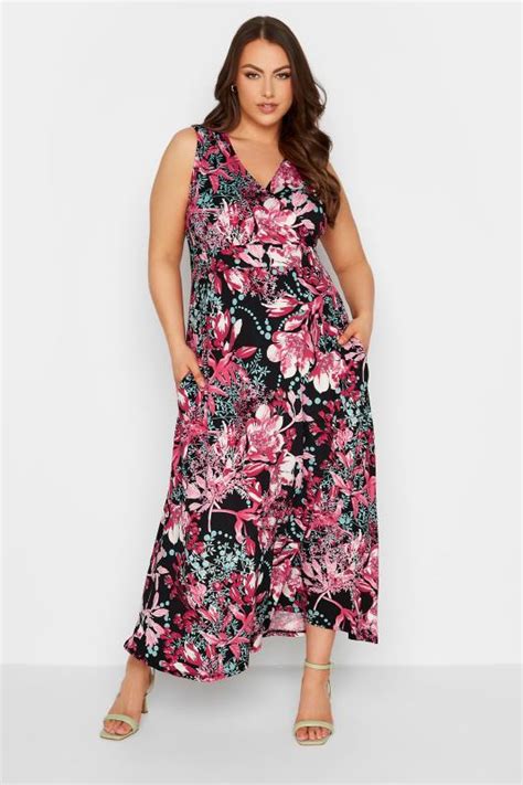 Yours Plus Size Black And Pink Floral Print Wrap Maxi Dress Yours Clothing