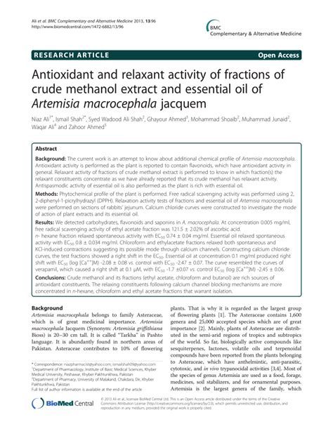 Pdf Antioxidant And Relaxant Activity Of Fractions Of Crude Methanol
