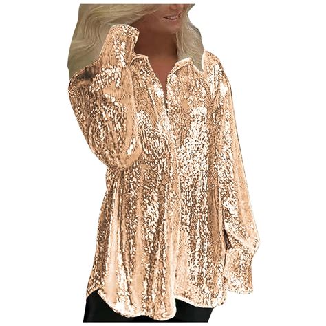 Sequin Blouses For Women V Neck Sequin Blouse Long Sleeve Loose Glitter