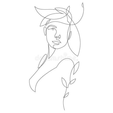 Woman Face With Rose Flower And Leaf In One Line Style Single