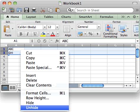 ms excel 2011 for mac unhide a row
