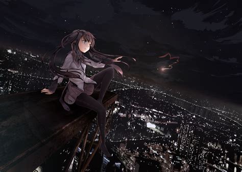 Ahirun Akemi Homura Black Hair Building City Clouds Long Hair Mahou