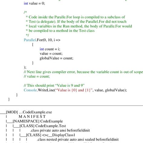 source code example followed by the assembly view of the compiled code