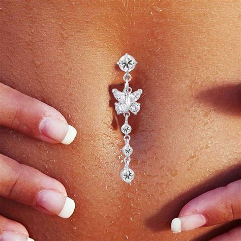 Top Down Dangle Butterfly Clear Zircon Belly Button Piercing Long Navel