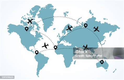 World Map With Flying Airplanes Travel Concept Location Marks In