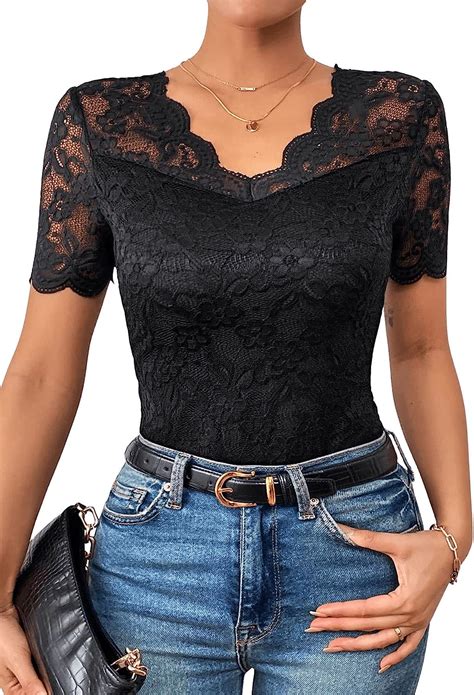 Gorglitter Damen Elegant Spitzen T Shirt V Ausschnitt Oberteil Slim Fit