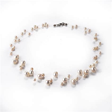 Illusion Necklace 3 Strand Potato White Freshwater Pearls Fn1231 White