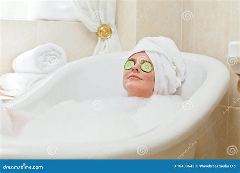 Relaxed Woman Taking A Bath Stock Image Image Of Head Happy 18439643