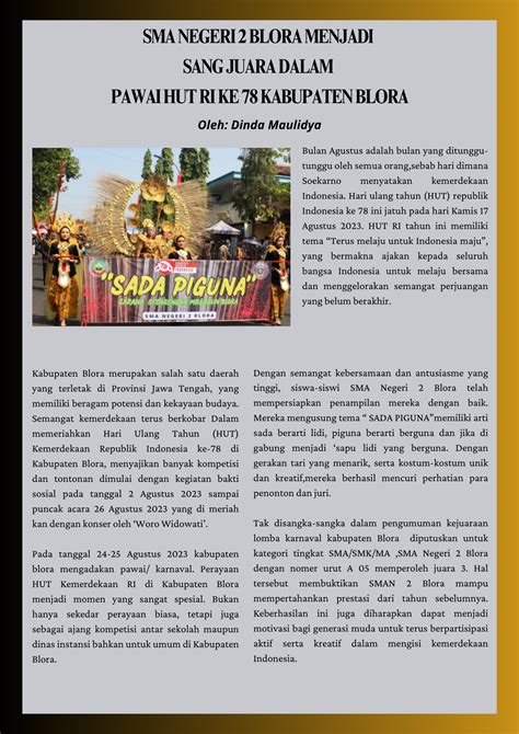 Juara Pawai Pembangunan Dalam Rangka Hut Ri Ke 78 Tingkat Kabupaten Blora