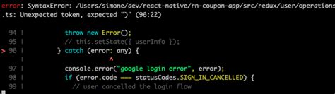 react native typescript unexpected token in catch clause stack overflow