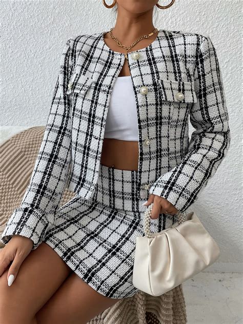 Plaid Tweed Jacket And Skirt Shein Usa