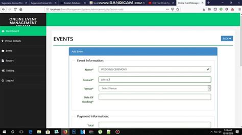 web development event management system in php mysqli javascript