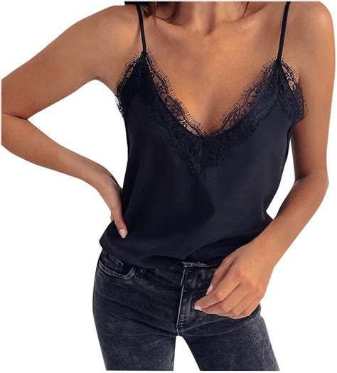 Oksea Damen Sexy V Ausschnitt Kreuz Tank Top Mit Spitze Ärmellose Bluse