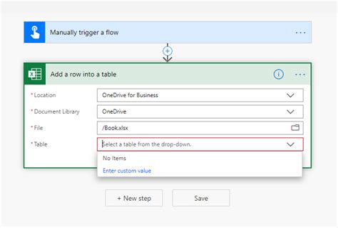 unable to find excel online table in microsoft flow