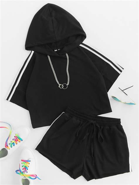 Striped Crop Hoodie And Drawstring Sweat Shorts Set Shein Sheinside