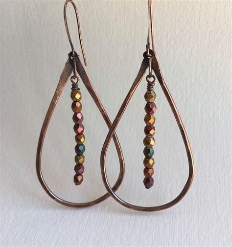Copper Dangle Earrings Hammered Copper Hoop Earrings Boho Etsy