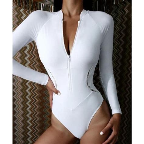 White Solid Color One Piece Swimsuit Long Sleeve Swimwear Sports Women
