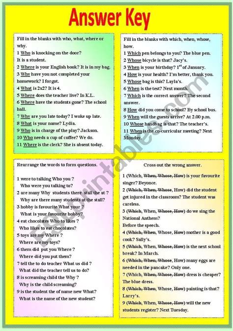 wh questions with b w and answer key wh questions grammar