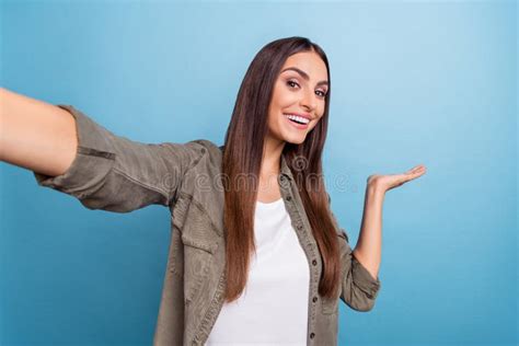 Photo Of Impressed Young Brunette Lady Do Selfie Wear Khaki Shirt On