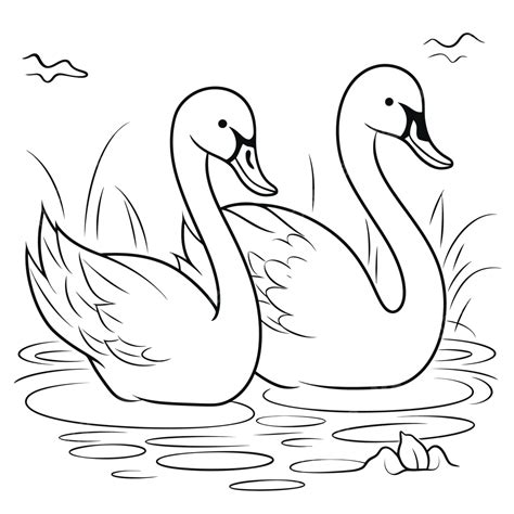 Desenho De Dois Cisnes Nadando Em Um Lago Para Colorir Página Esboço