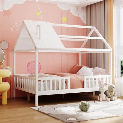 Harper And Bright Designs White Full Size Wood House Platform Bed With