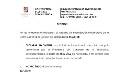 Poder Judicial Declara Inadmisible Pedido De Impedimento De Salida Del
