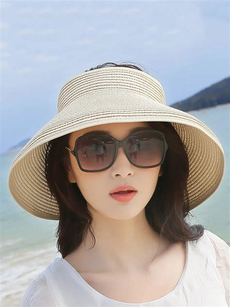 Women Foldable Bowknot Empty Top Wide Brim Beach Sun Straw Hat Roselinlin