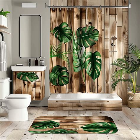 Monstera Leaf Wooden Bathroom Set With Rainforest Shower Curtain