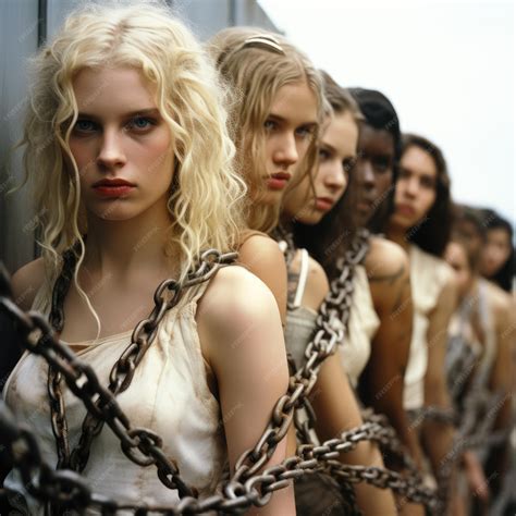 Beautiful Girls Hostages Captives Slaves In Shackles And Chains Work As