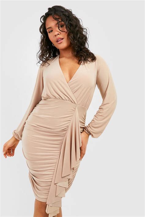 Plus Wrap Slinky Ruffle Bodycon Dress Boohoo Uk