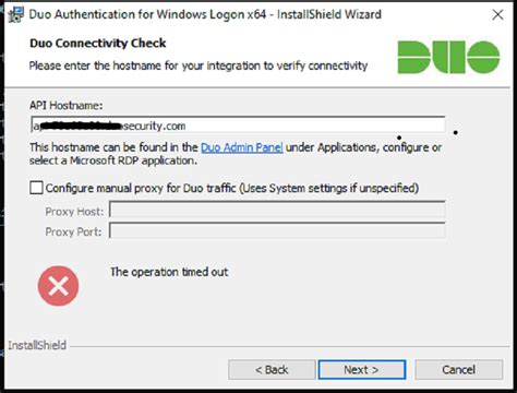 how do i resolve a the operation timed out error when installing duo