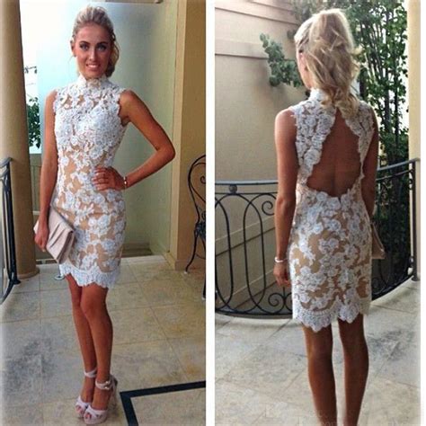 Short Lace High Neck Champagne Cocktail Dresses With Ivory Lace Open