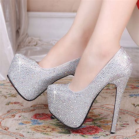 Free Shipping Silver Rhinestone Pumps Fashion Red Bottom Sexy Prom